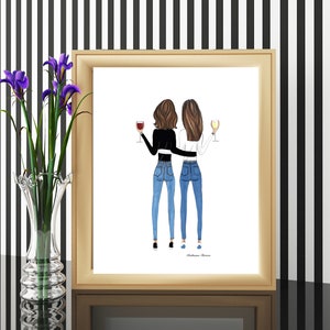 Two Brunette Friends Drawing by Roxy's Illustrations, Friendship Gift ...