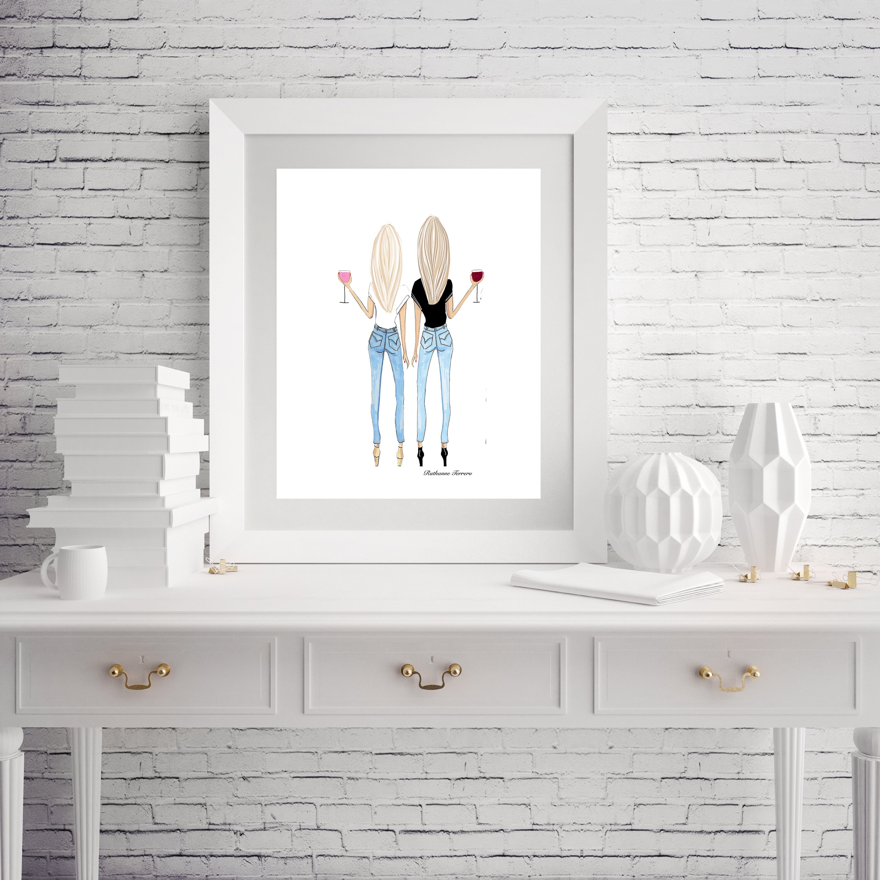 Two Blondes With Long Hair Fashion Illustration Print by Roxy's ...