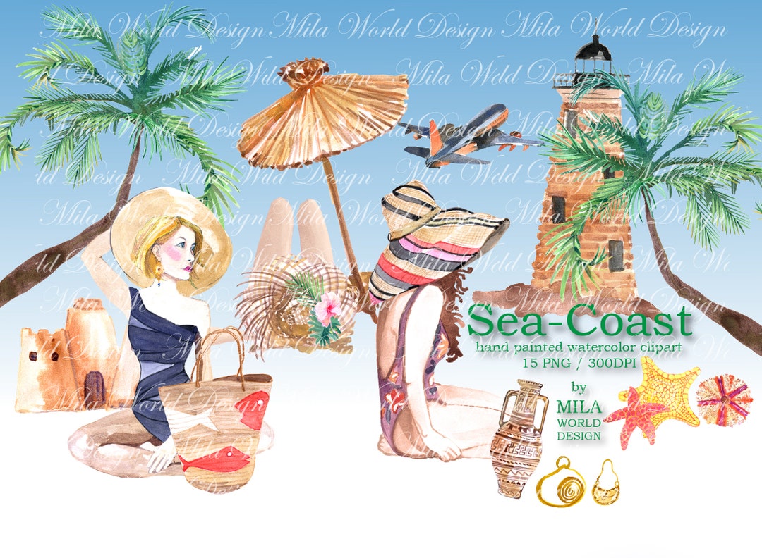 Sea-coast Watercolor Clip Art, Beach Clipart, Travel the World ...
