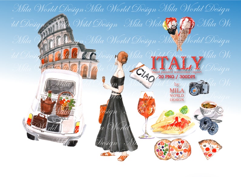 Italy Clipart Set, Watercolor Rome Clipart, Pizza, Vespa and Coliseum ...
