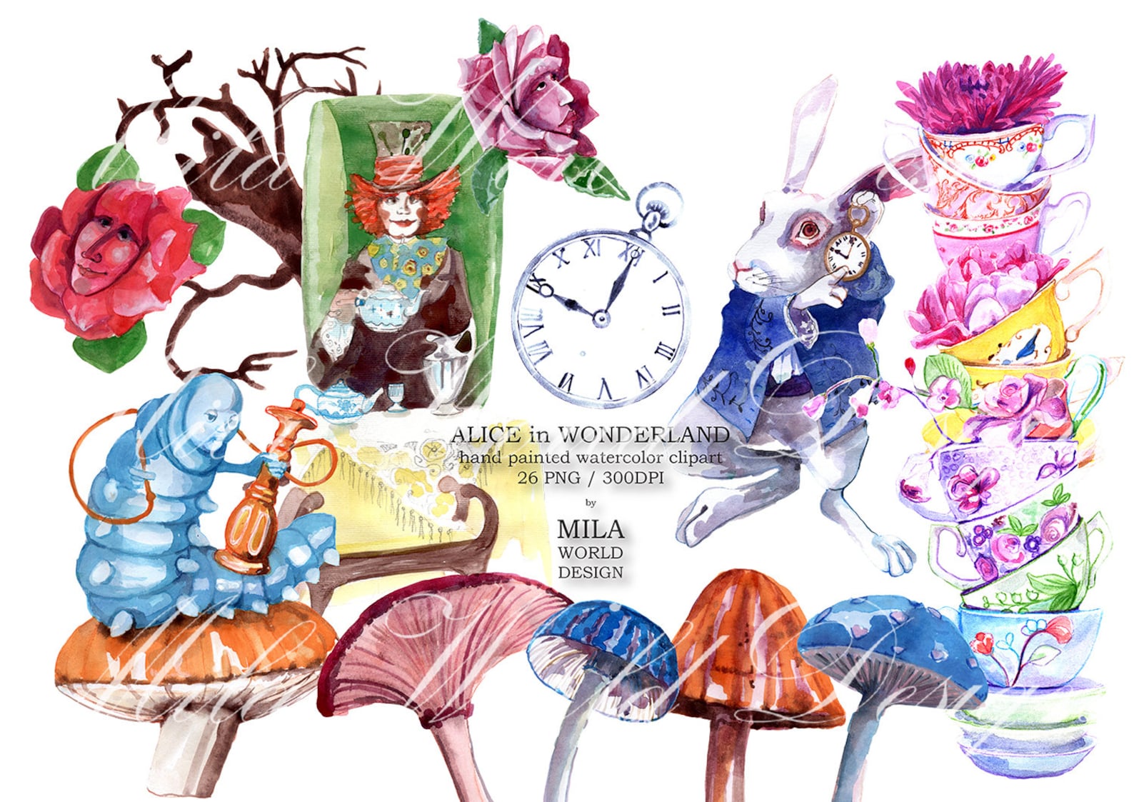 Alice in Wonderland Watercolor Clip Art, Hand Painted Character Clipart ...