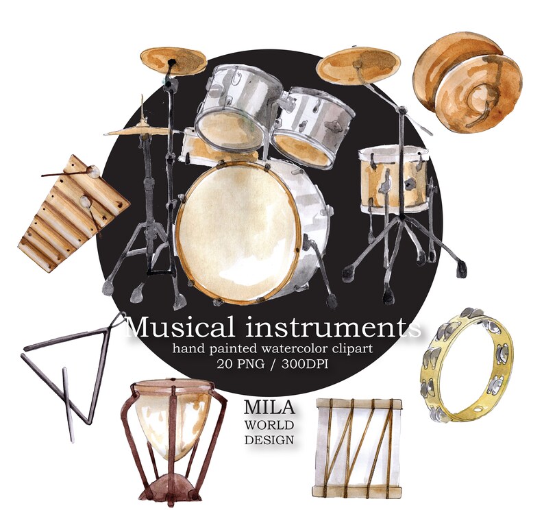 Musical Instruments Watercolor Clip Art Hand Painted - Etsy
