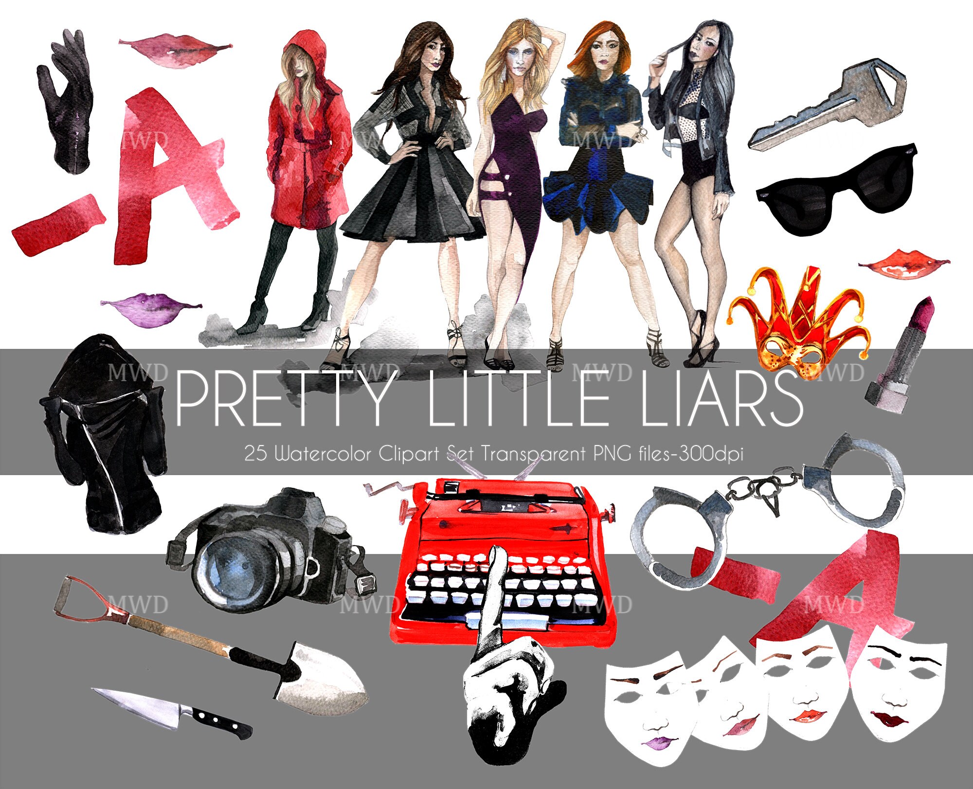 Pretty Little Liars Watercolor Clipart, Handpainted Elements, Popular ...