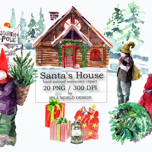Santa's House Hand Painted Watercolor Clipart Christmas Clipart Instant ...