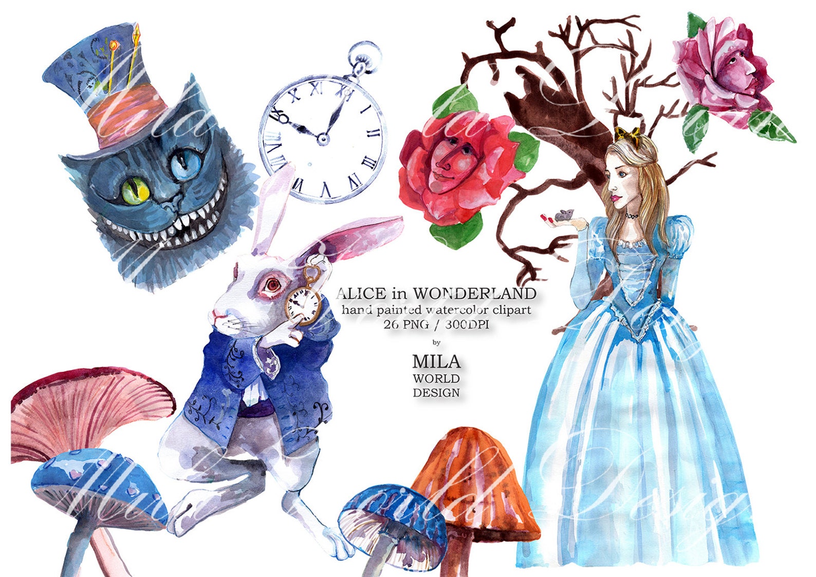 Alice in Wonderland Watercolor Clip Art Hand Painted - Etsy