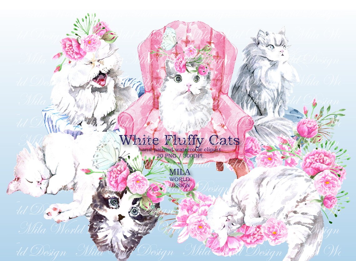 White Fluffy Cats Watercolor Clip Art Fancy Armchair Clip | Etsy