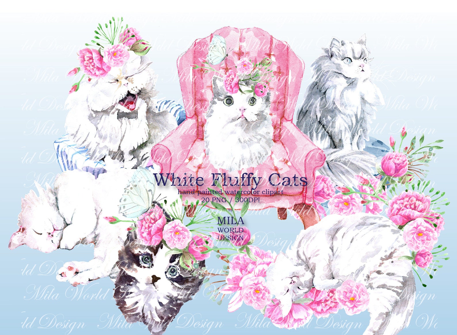 White Fluffy Cats Watercolor Clip Art , Fancy Armchair Clip Art ...