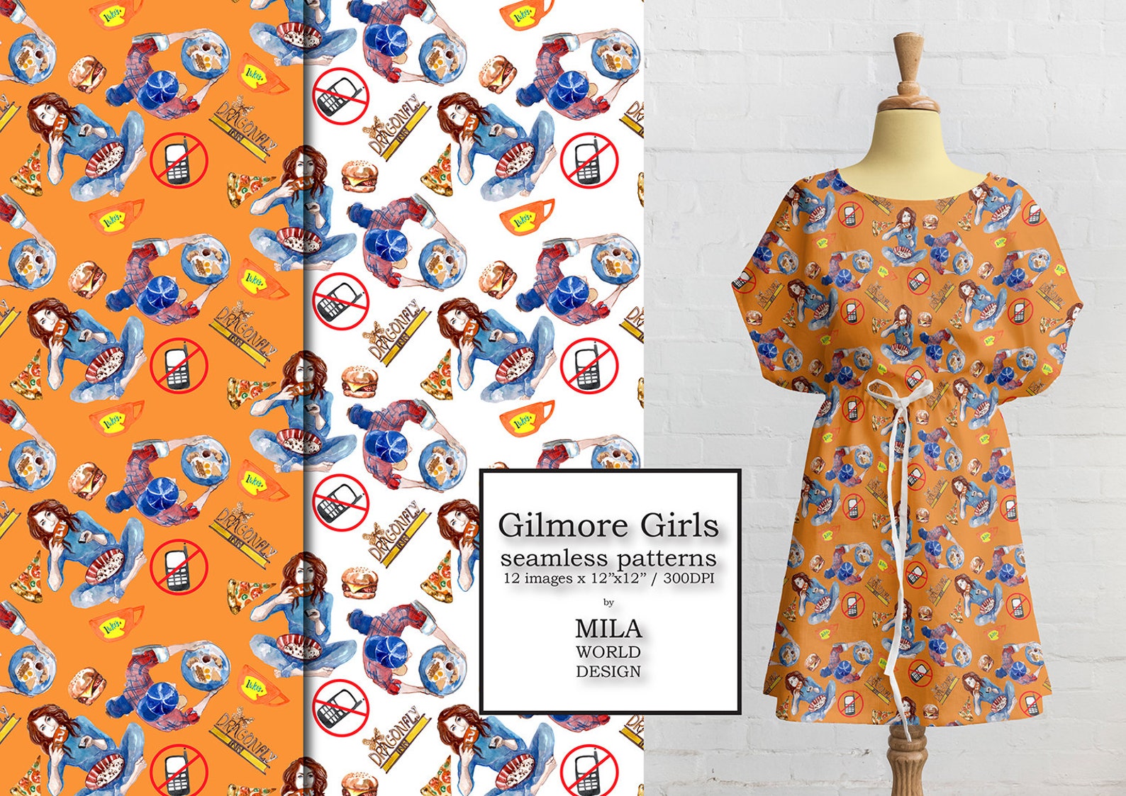 Gilmore Girls Watercolor Digital Paper, Stars Hollow Seamless Pattern ...