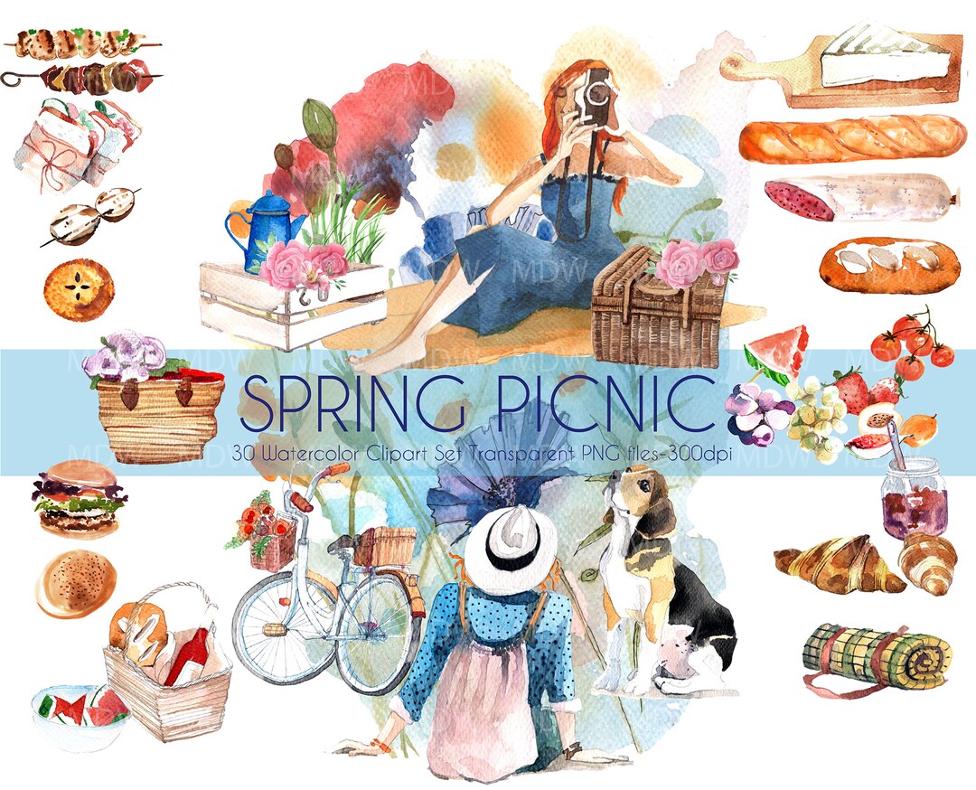 Spring Picnic Clipart, Hand Painted Elements, Food and Travel Clipart ...