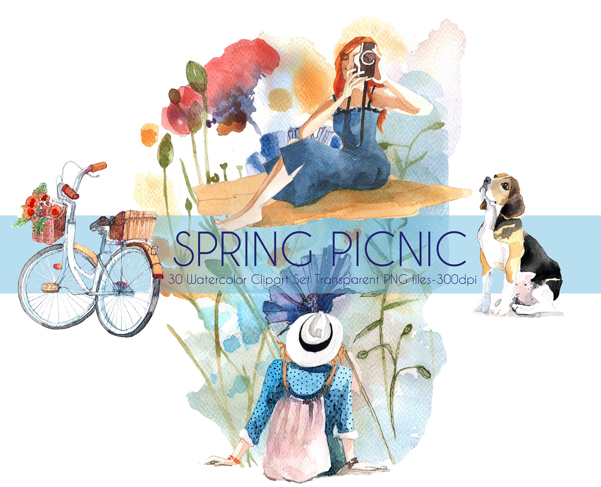 Spring Picnic Clipart, Hand Painted Elements, Food and Travel Clipart ...