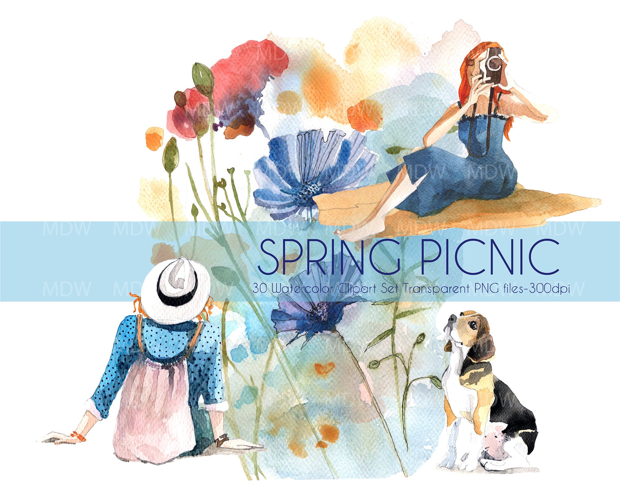 Spring Picnic Clipart, Hand Painted Elements, Food and Travel Clipart ...