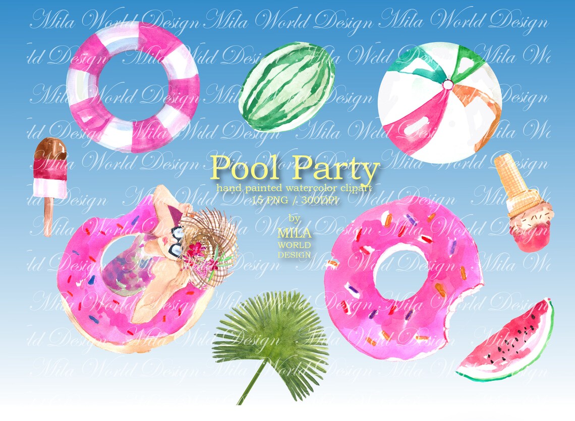 Pool Party Watercolor Clip Art Hand Painted Watercolor | Etsy