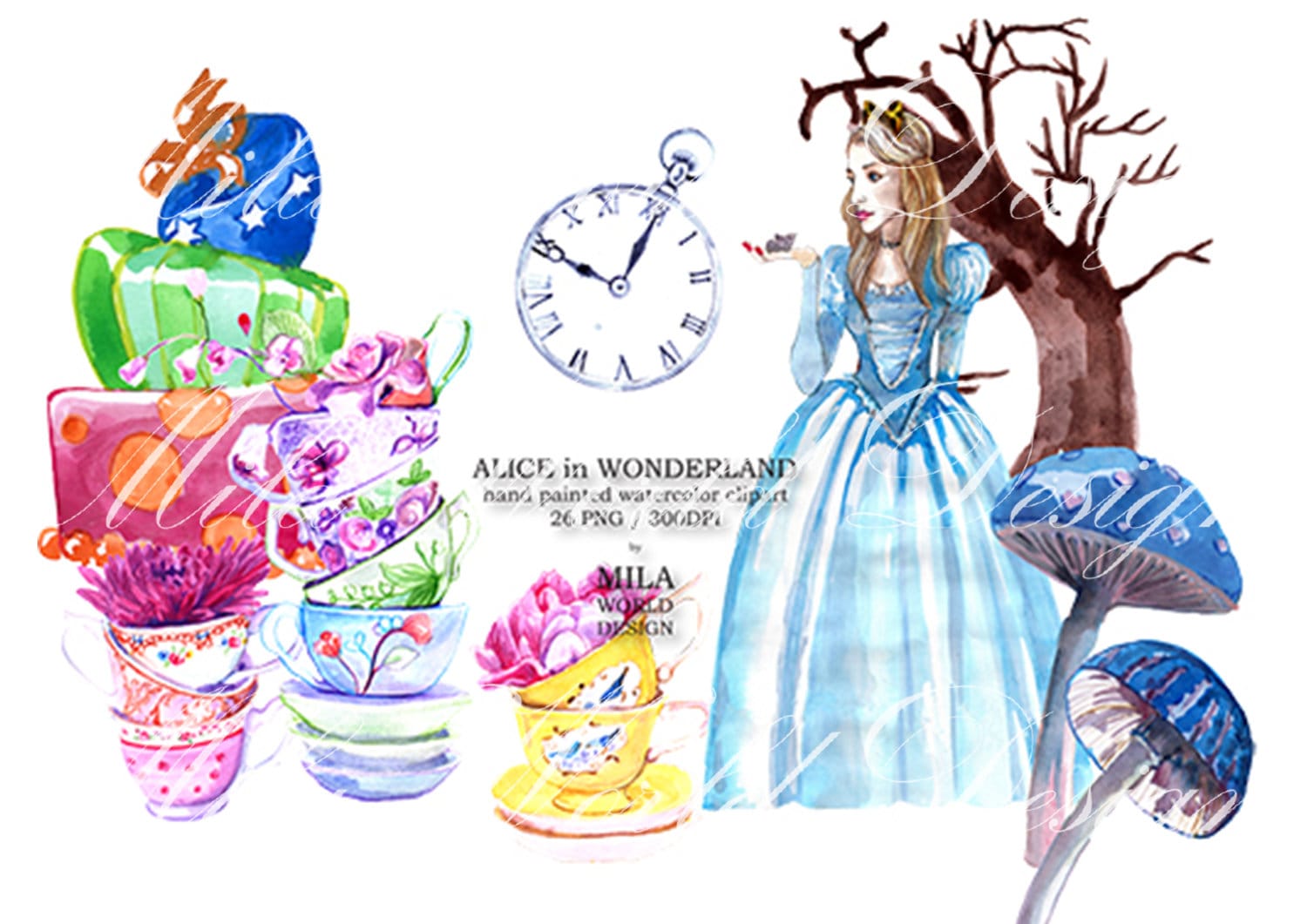 Alice in Wonderland Watercolor Clip Art Hand painted | Etsy