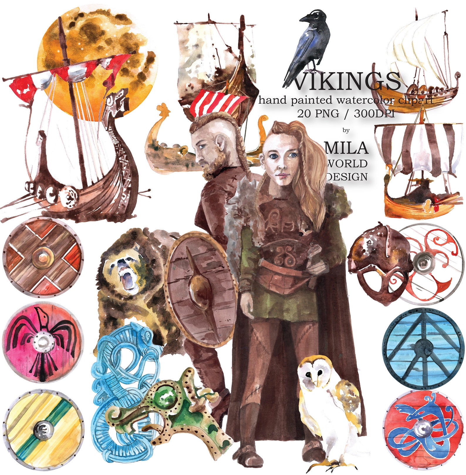 Vikings Watercolor Clip Art, Hand Painted Character Clipart, Instant ...
