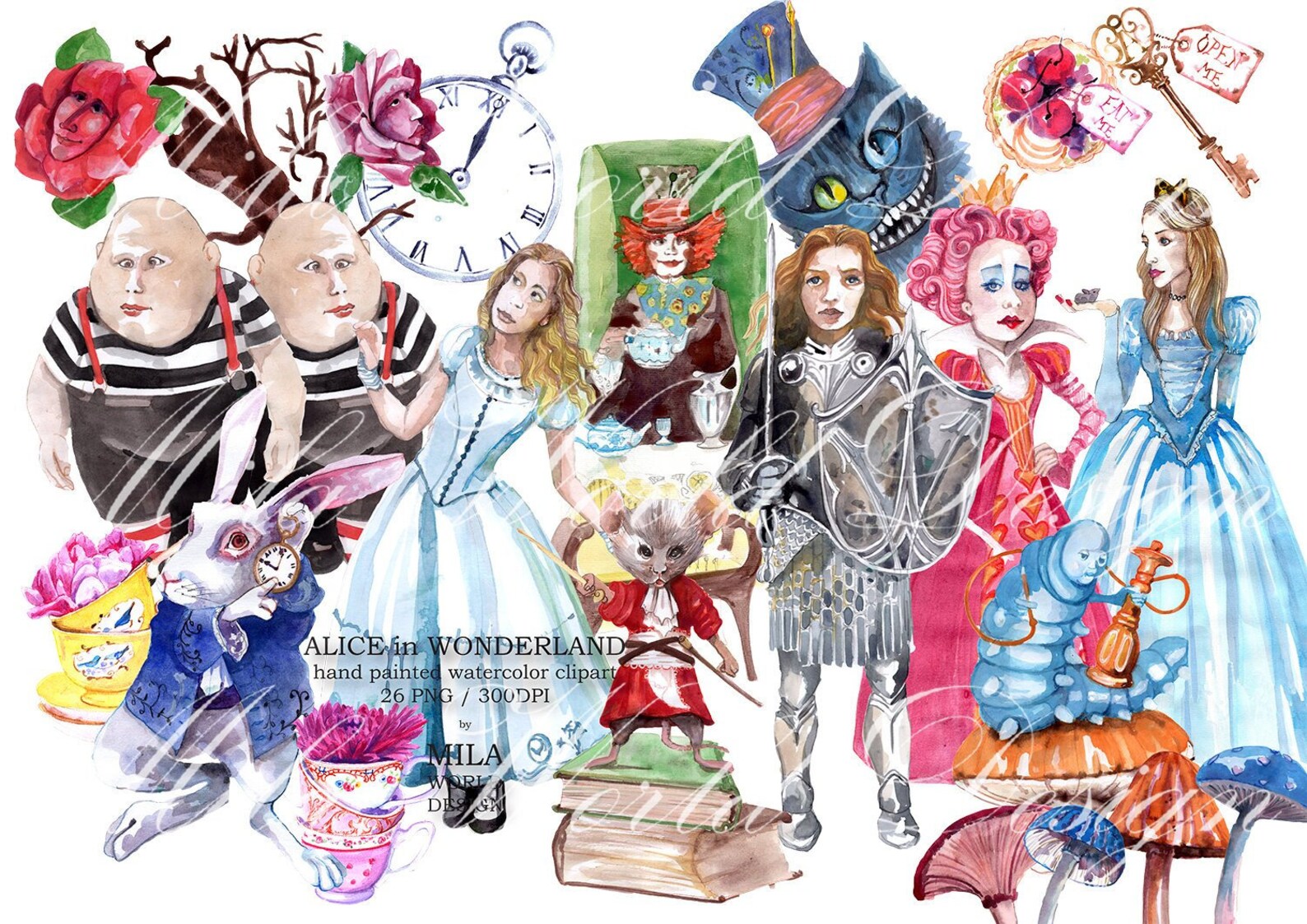 Alice in Wonderland Watercolor Clip Art, Hand Painted Character Clipart ...