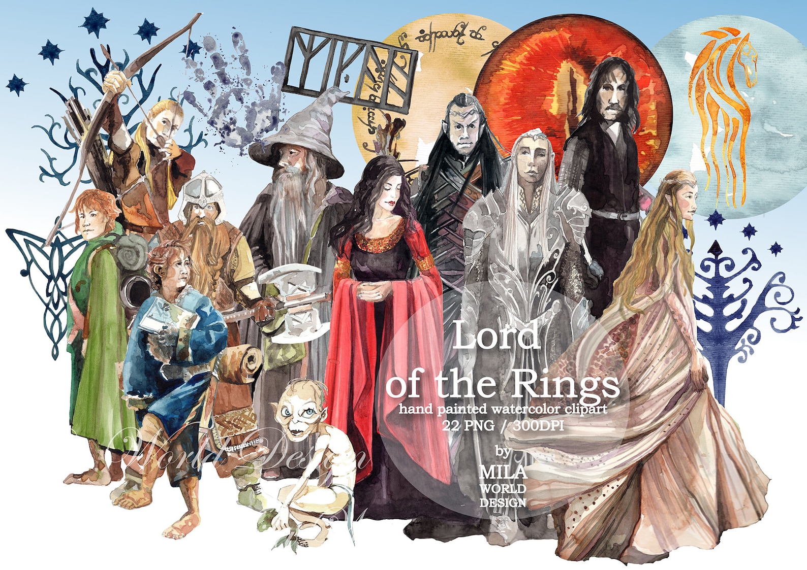 Lord of the Rings Watercolor Clip Art, Hand Painted Character Clipart ...