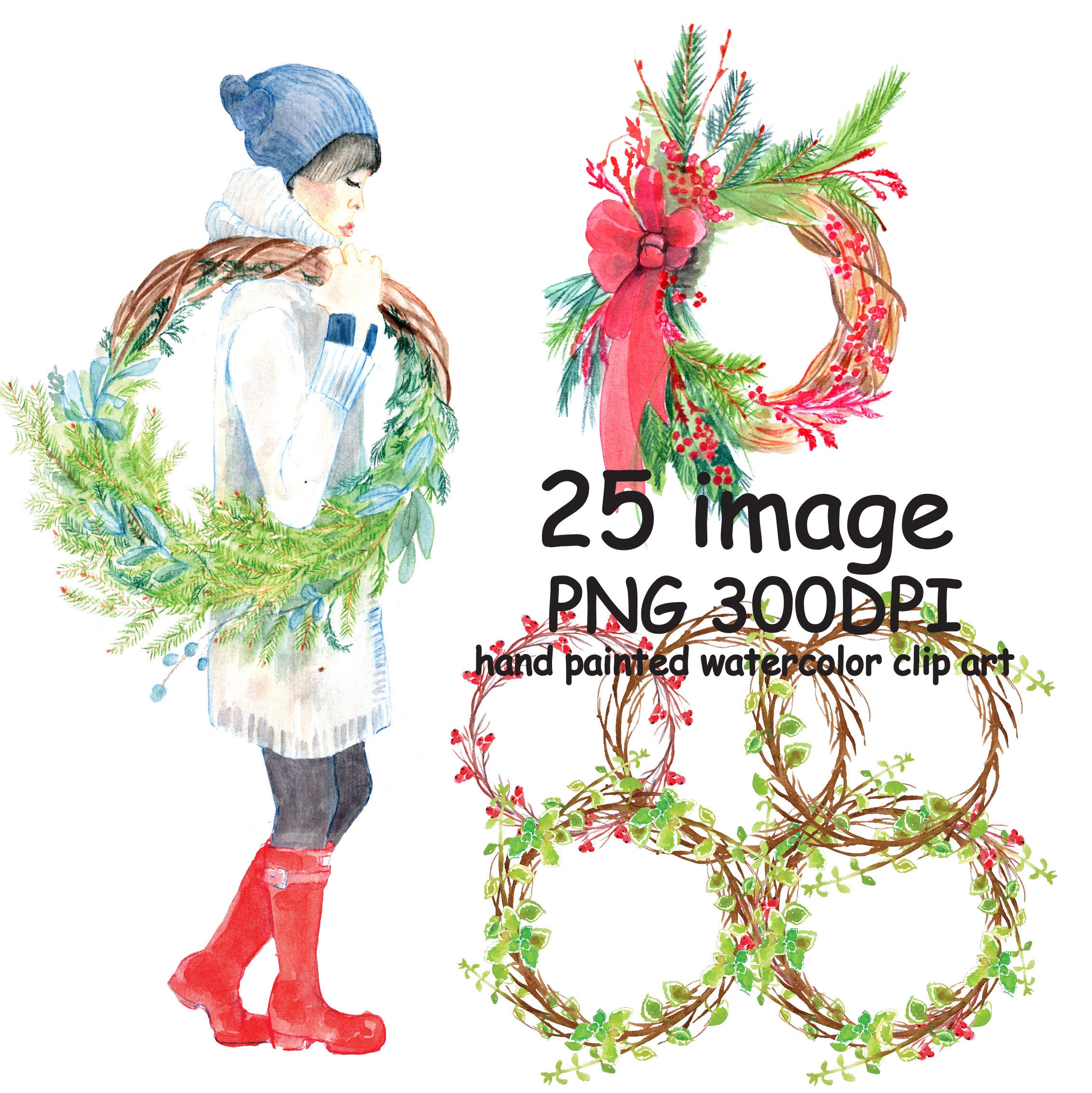 Watercolor Girl with Christmas wreath fireplace Christmas | Etsy