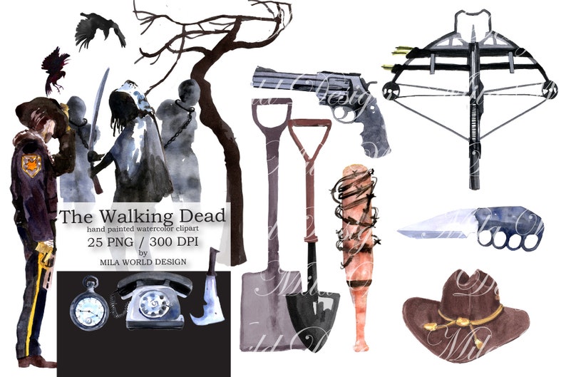 The Walking Dead Watercolor Clip Art, Hand Painted Character Clipart ...