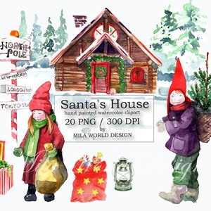 Santa's House Hand Painted Watercolor Clipart Christmas Clipart Instant ...