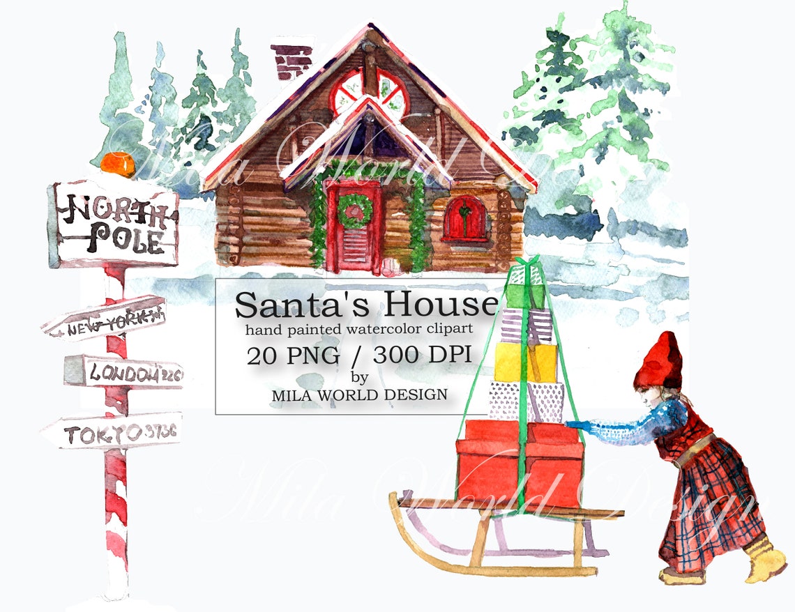 Santa's House Hand Painted Watercolor Clipart Christmas - Etsy