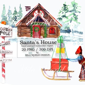 Santa's House Hand Painted Watercolor Clipart Christmas Clipart Instant ...