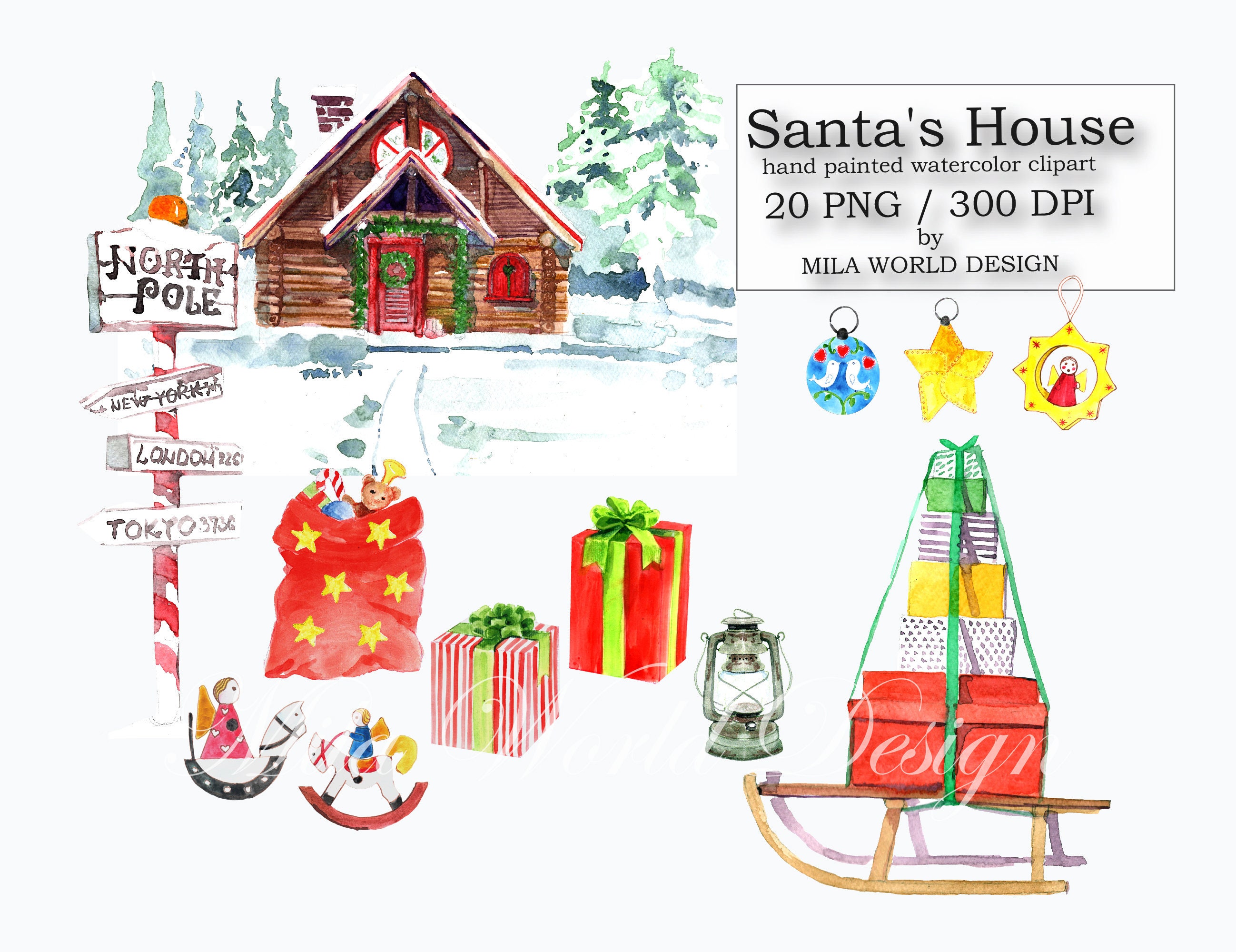 Santa'S House hand painted watercolor clipart Christmas | Etsy