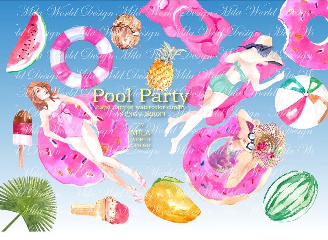 Pool Party Watercolor Clip Art, Hand Painted Watercolor Vacation Clip ...