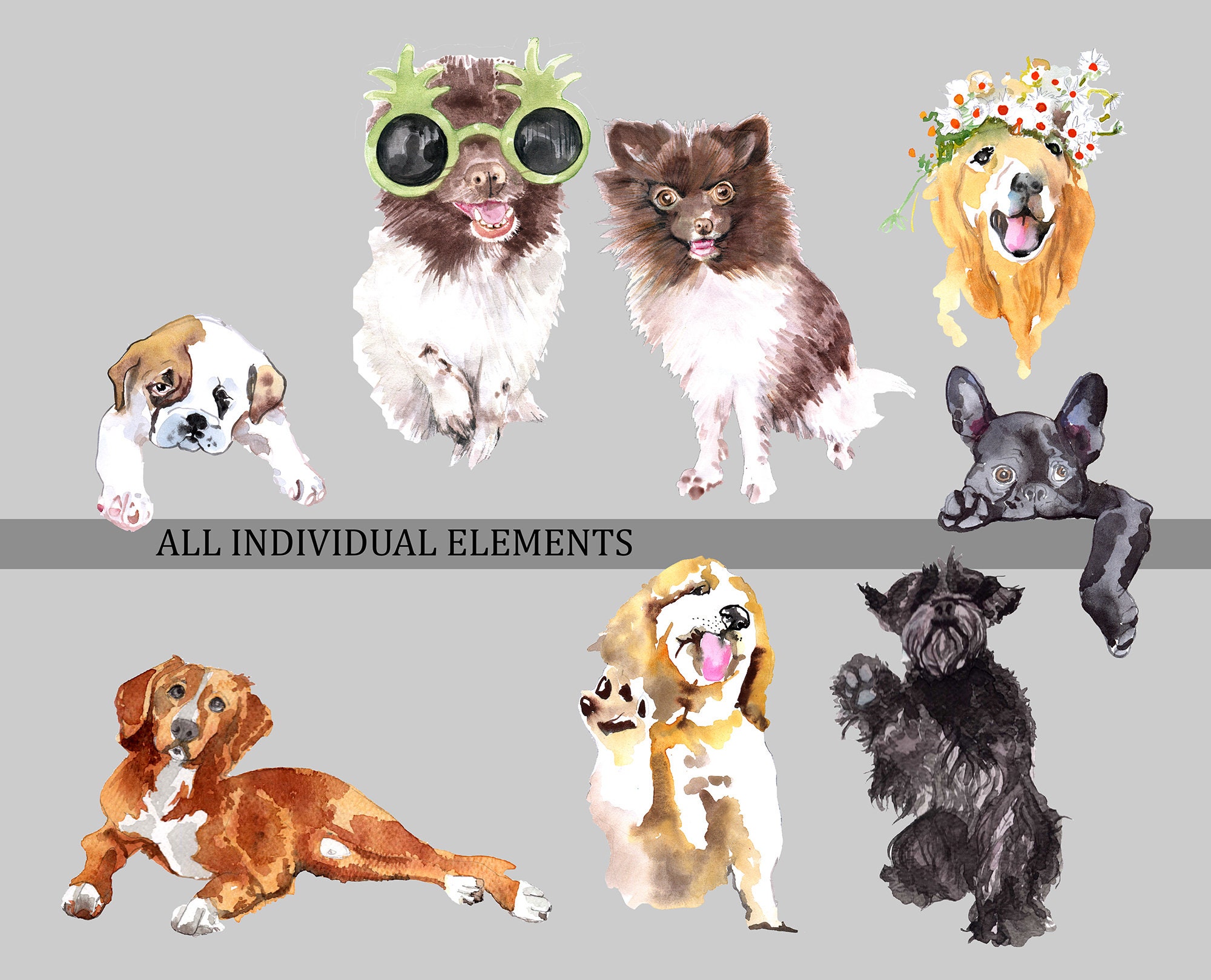 Watercolor Dog Collection, Hand Painted Elements, Pet Lovers Clipart ...