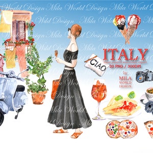Italy Clipart Set, Watercolor Rome Clipart, Pizza, Vespa and Coliseum ...