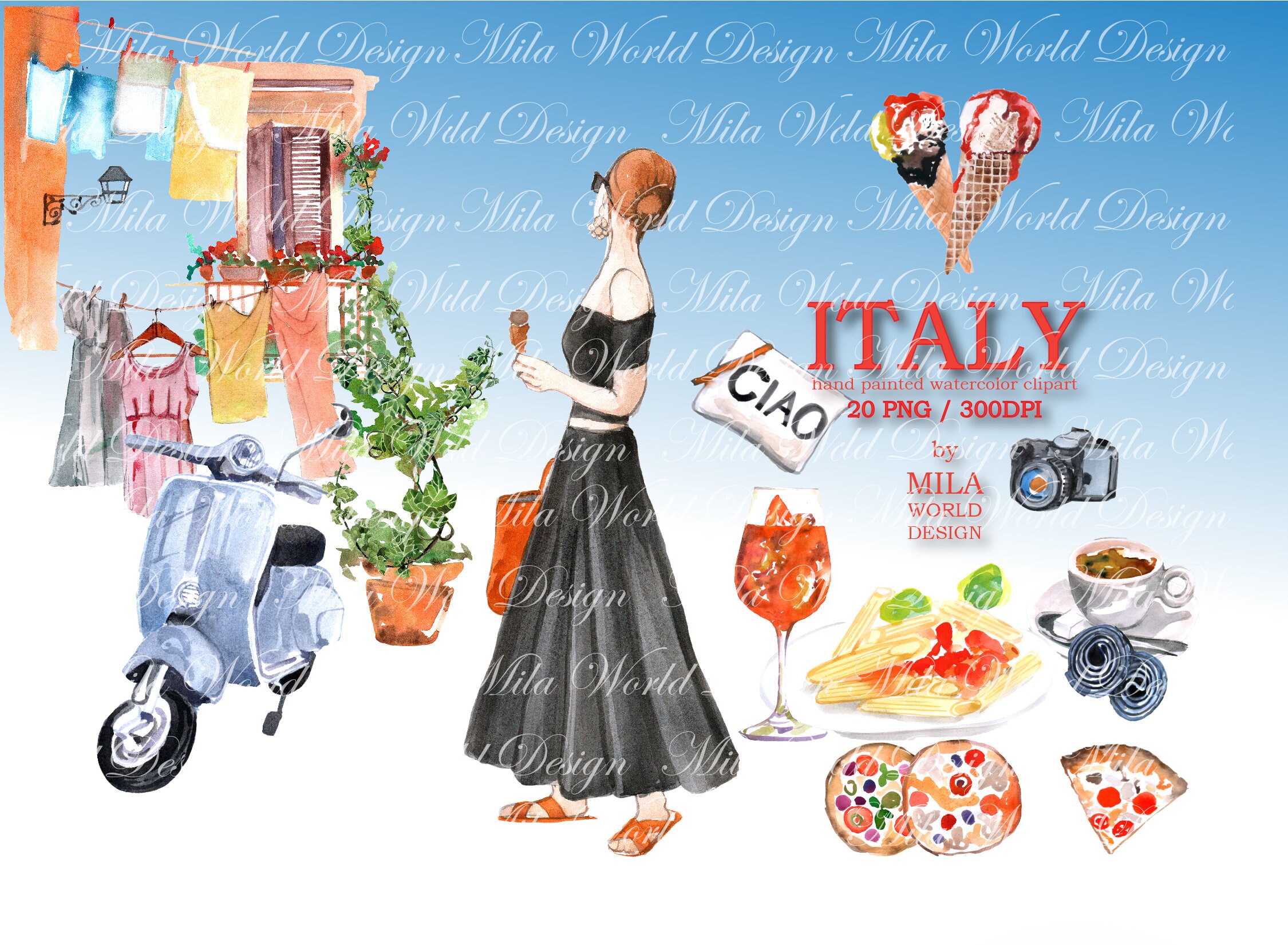 Italy Clipart Set, Watercolor Rome Clipart, Pizza, Vespa and Coliseum ...