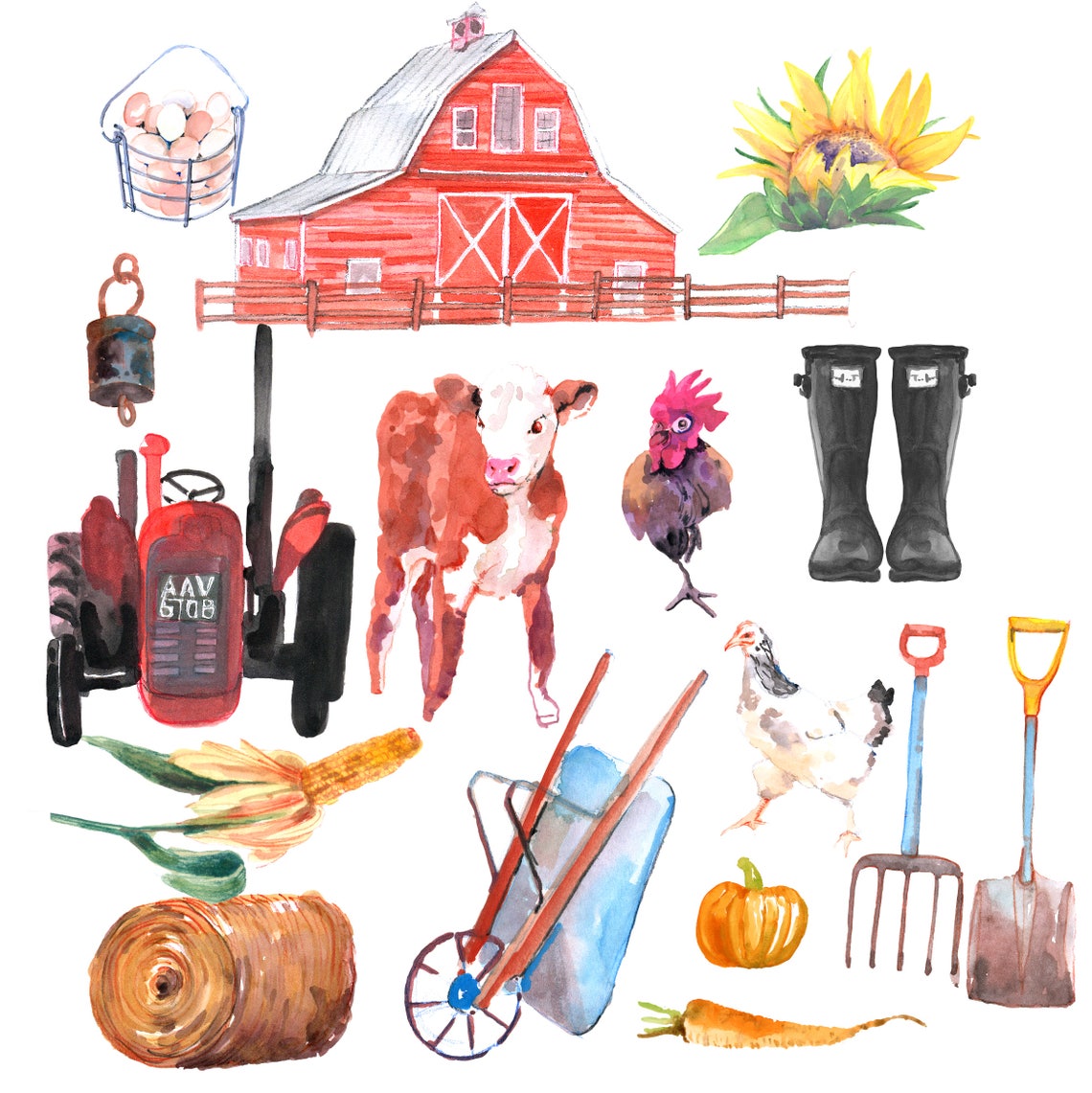 Watercolor Clip Art Farm Chicken Hen Dog Cow Pig Sheep - Etsy