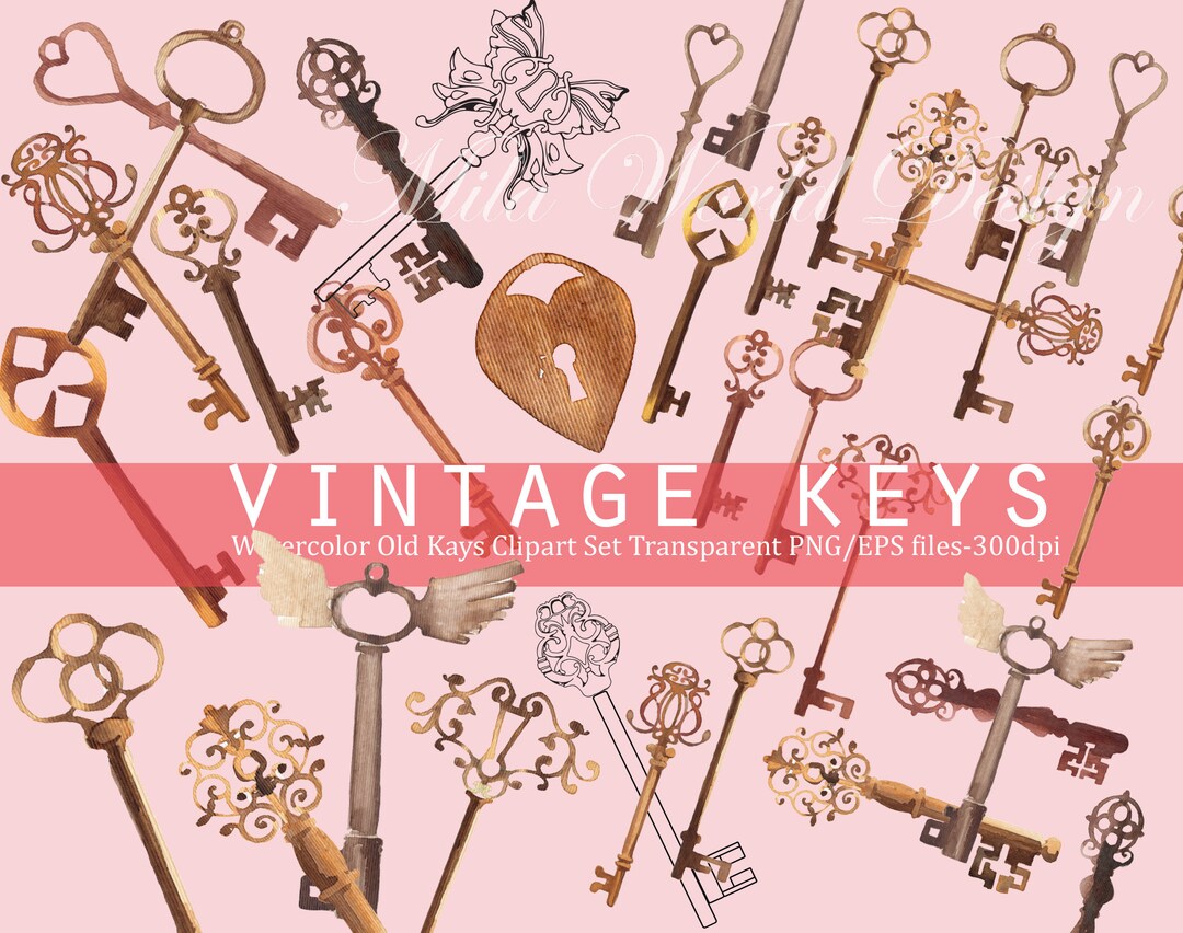 Vintage Keys Watercolor Clip Art, Hand Painted Clipart, Instant ...