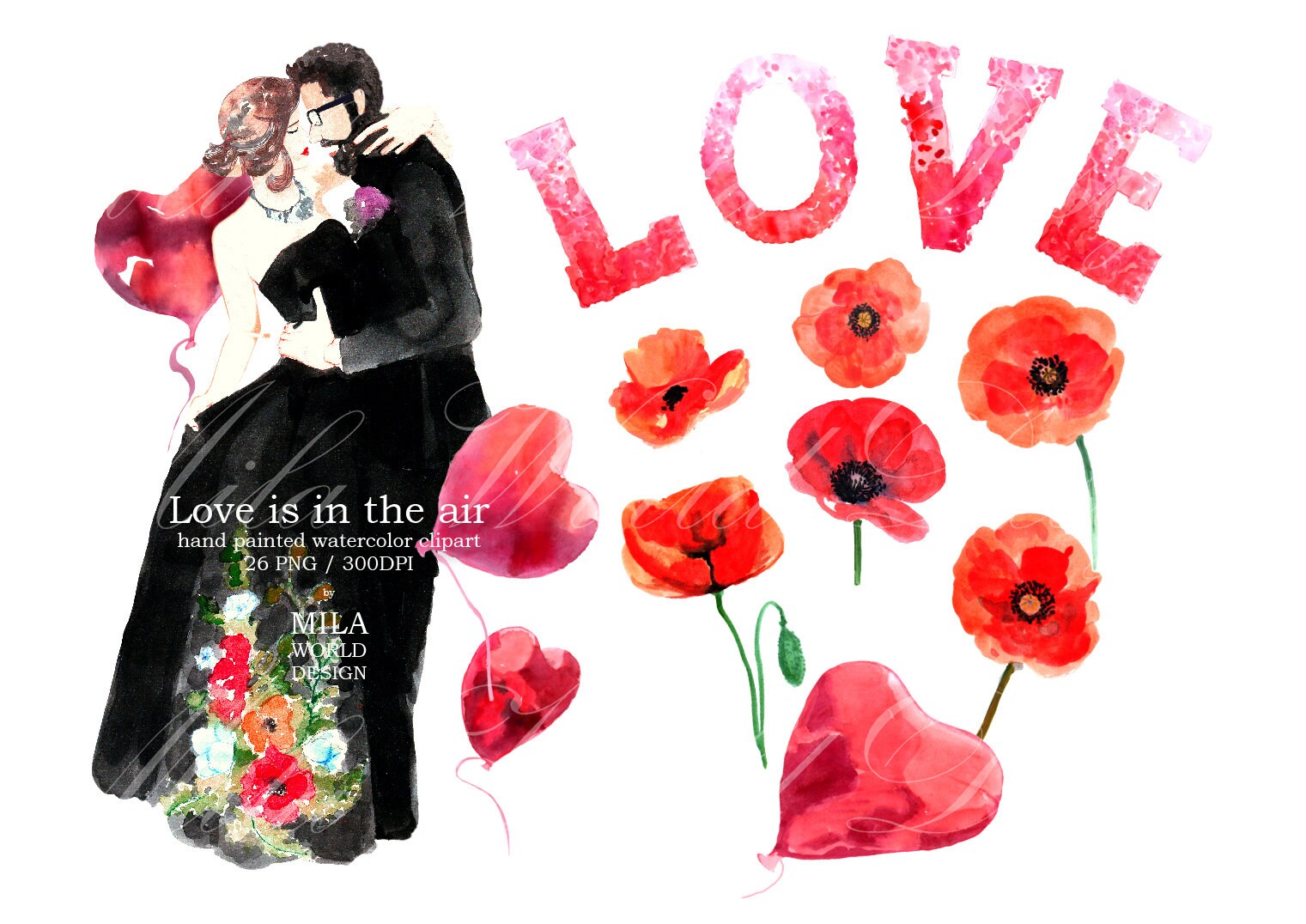 Love is in the Air Watercolor Clip Art Engagement Clipart | Etsy