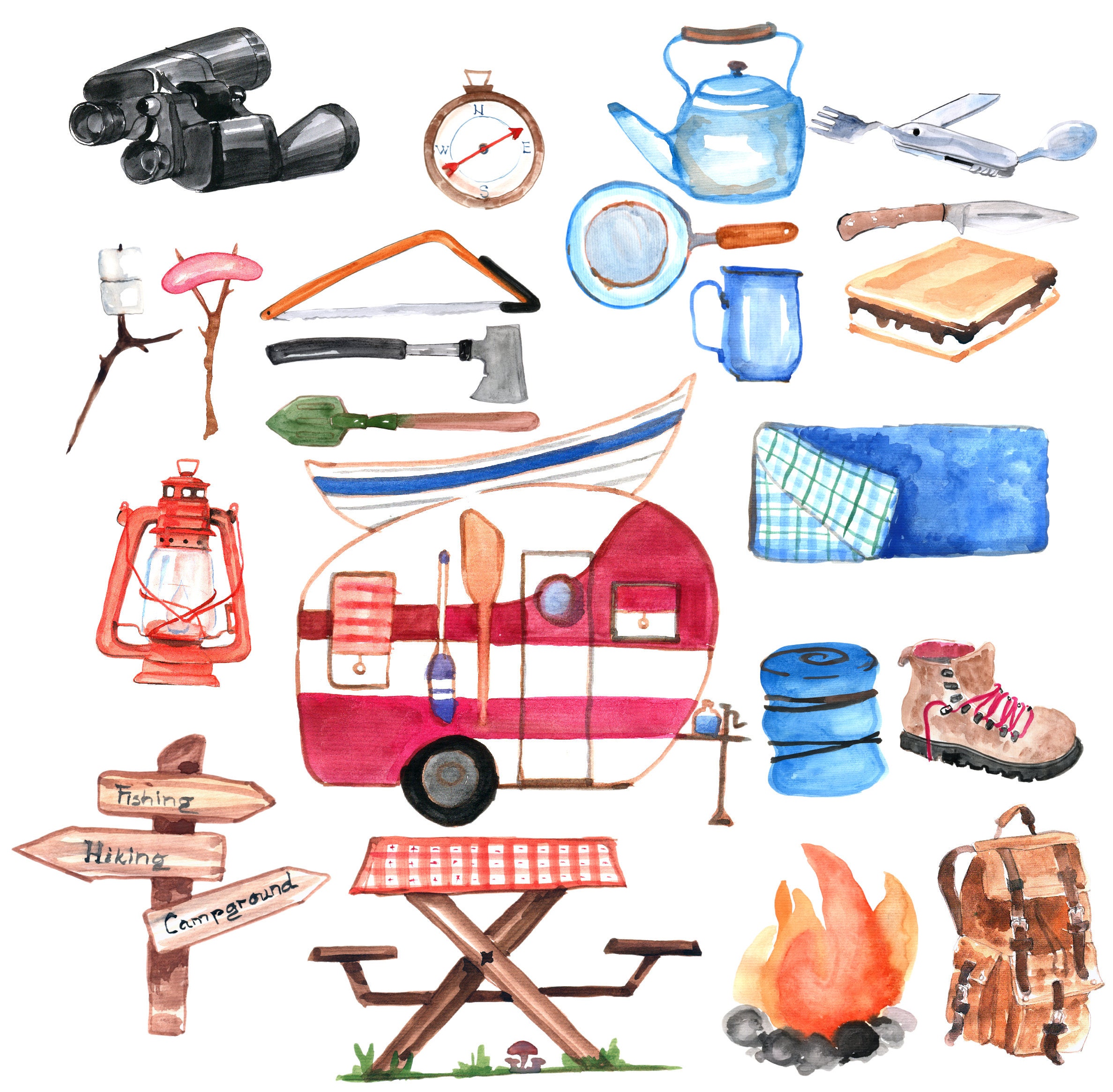 Watercolor Clip Art Camping Clipart, Summer Clipart, Hand Painted ...