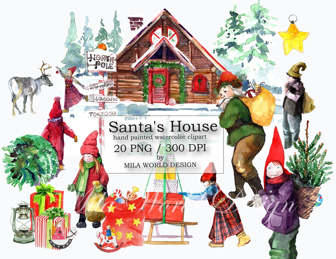 Santa's House Hand Painted Watercolor Clipart Christmas Clipart Instant ...