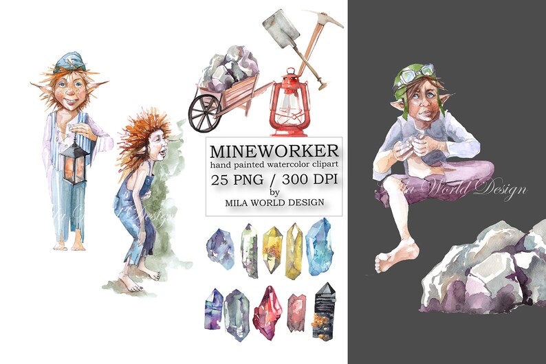 Mineworker Watercolor Clip Art, Goblins, Magical Creatures, Instant Digital Download PNG - Etsy