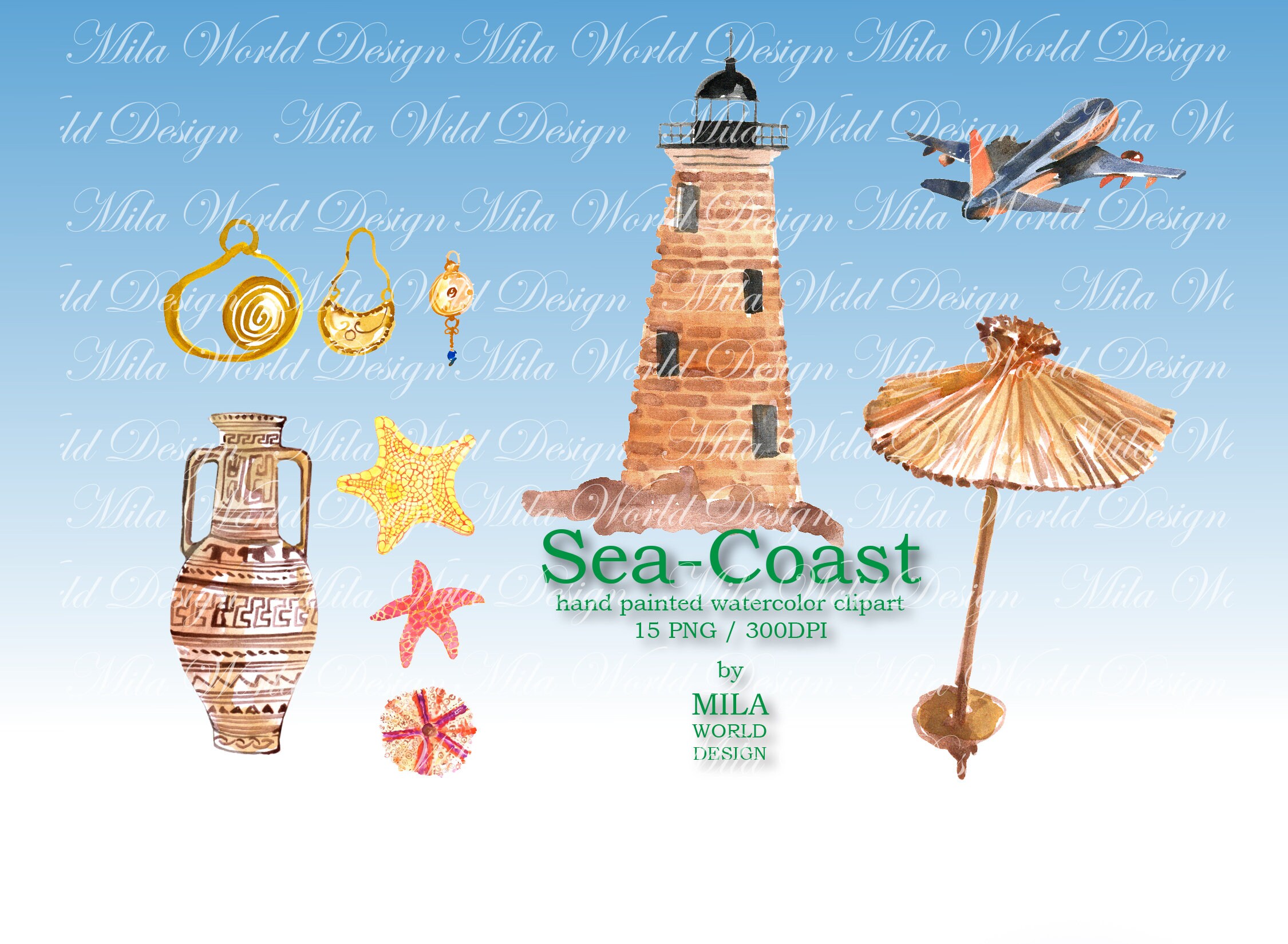 Sea-Coast Watercolor Clip Art Beach clipart Travel the world | Etsy