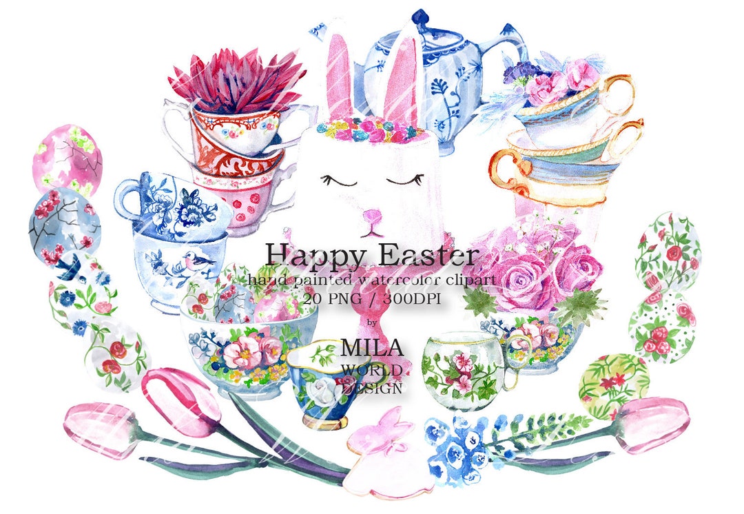 Happy Easter Watercolor Clipart, Hand Painted Easter Eggs and Cup of ...