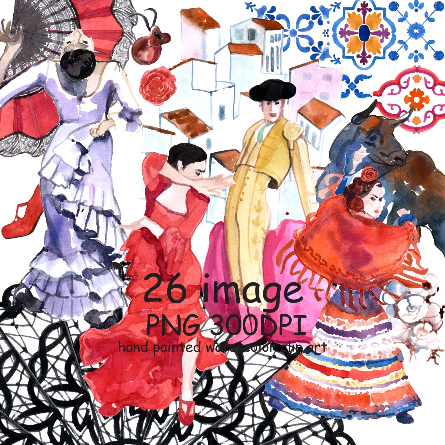 Watercolor Clip Art Spain Clipart Flamenco Matador Travel - Etsy