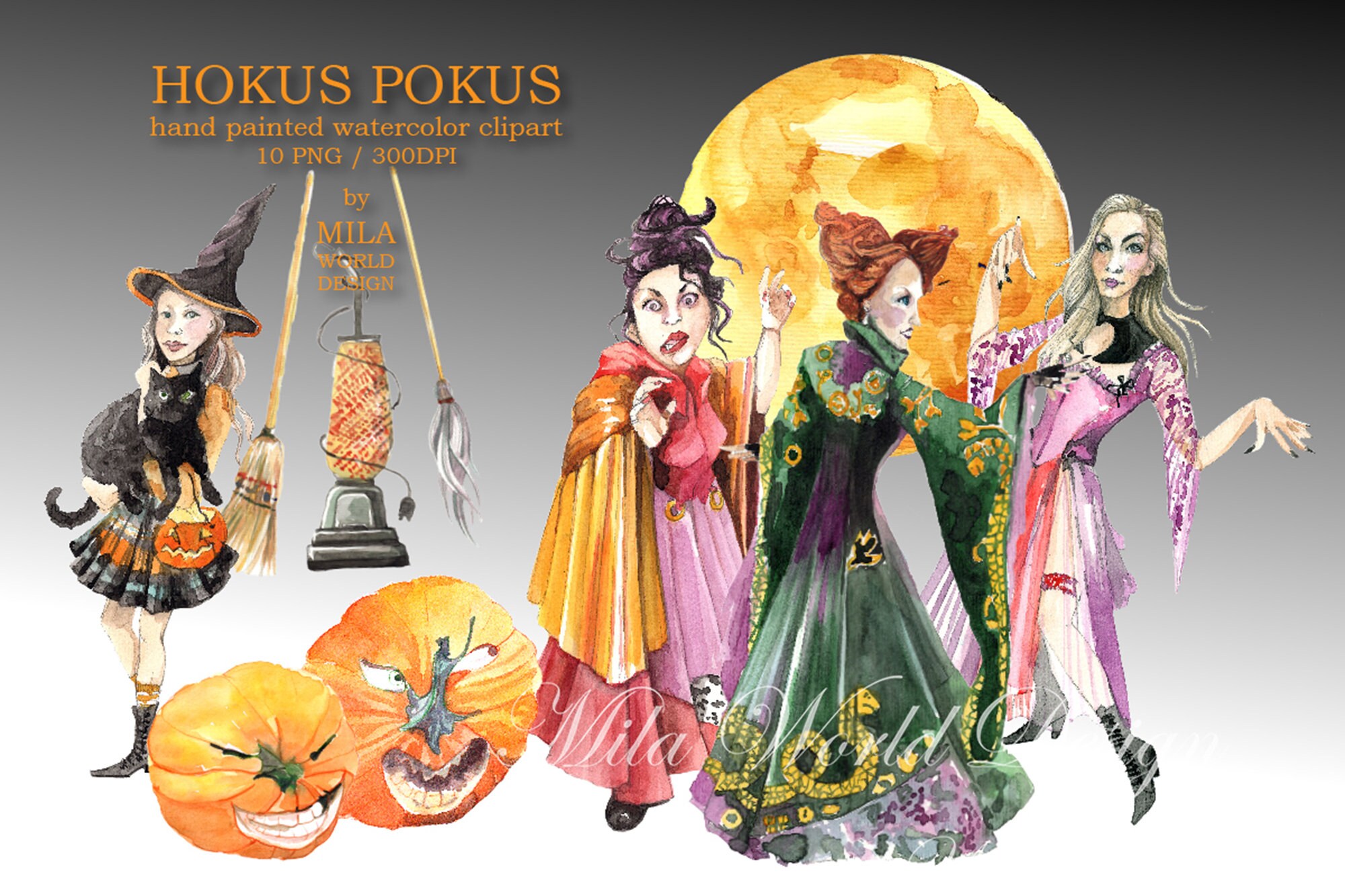 Halloween Witches Watercolor Clip Art Hand Painted Hokus - Etsy