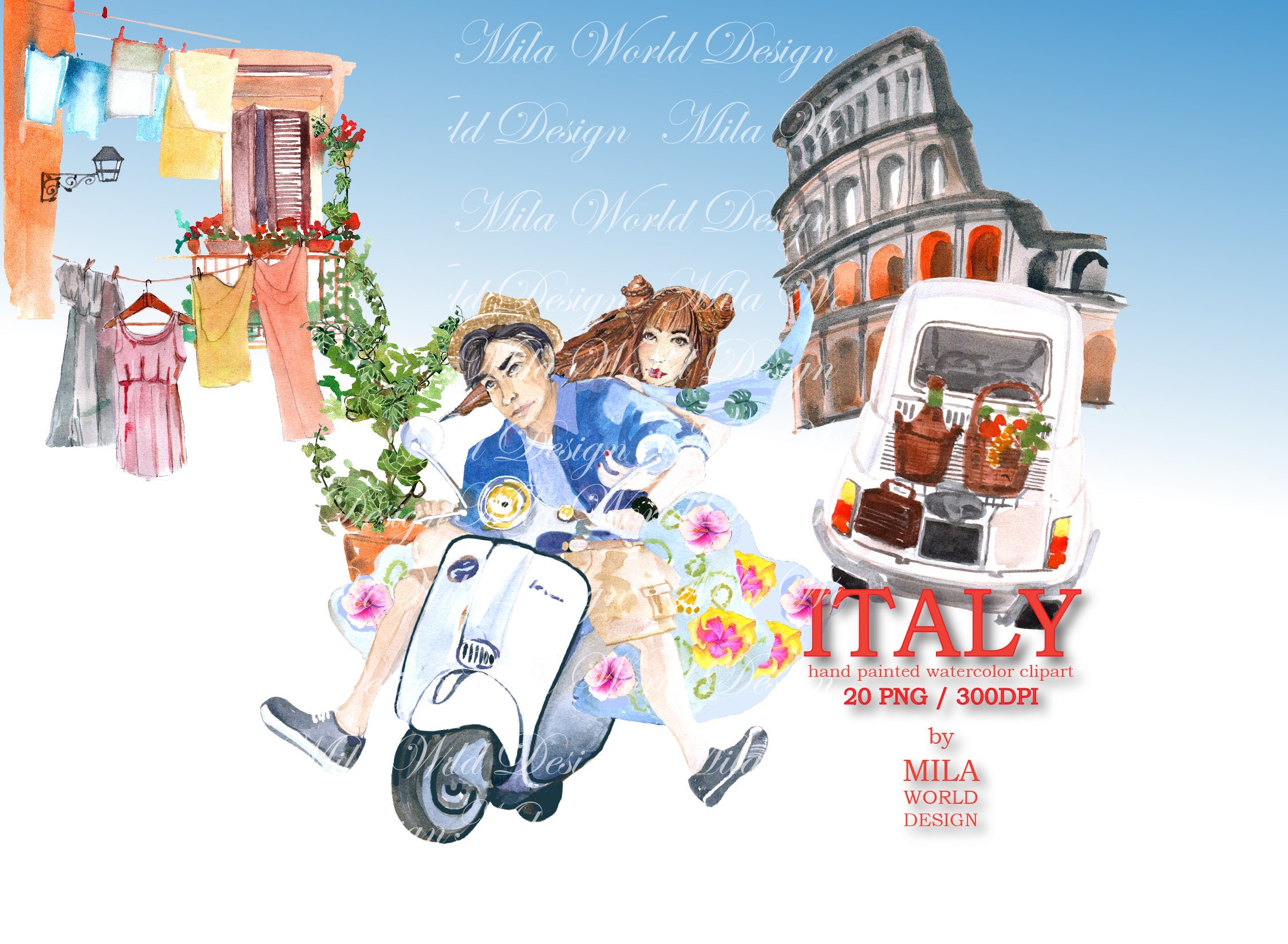 Italy Clipart Set, Watercolor Rome Clipart, Pizza, Vespa and Coliseum ...