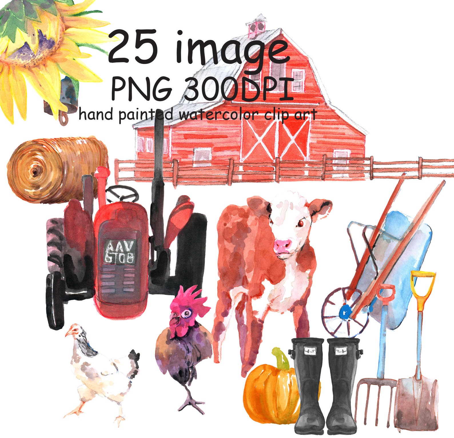 Watercolor Clip Art Farm Chicken Hen Dog Cow Pig Sheep - Etsy