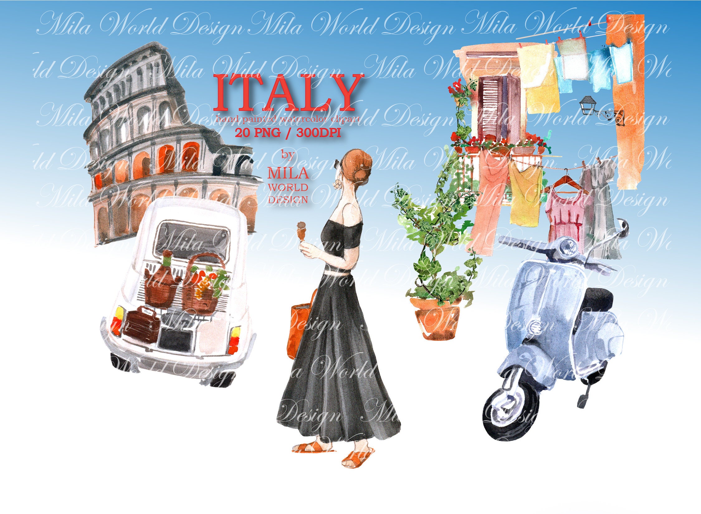 Italy Clipart Set, Watercolor Rome Clipart, Pizza, Vespa and Coliseum ...