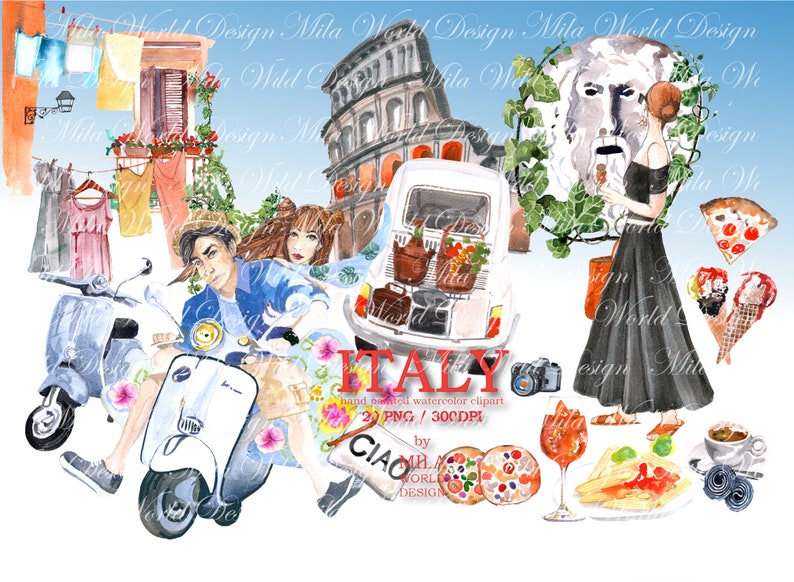 Italy Clipart Set, Watercolor Rome Clipart, Pizza, Vespa and Coliseum ...