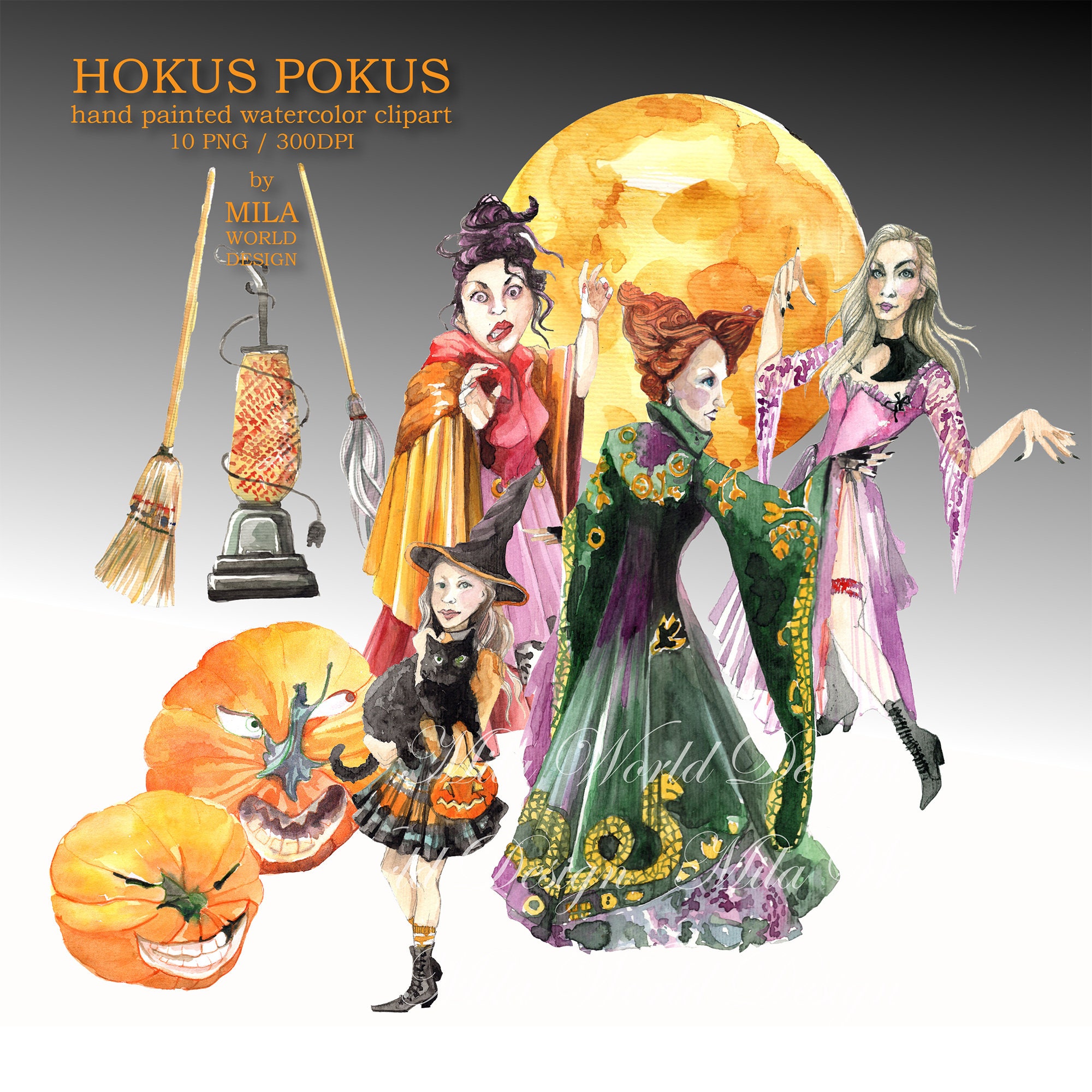 Halloween Witches Watercolor Clip Art Hand Painted Hokus - Etsy