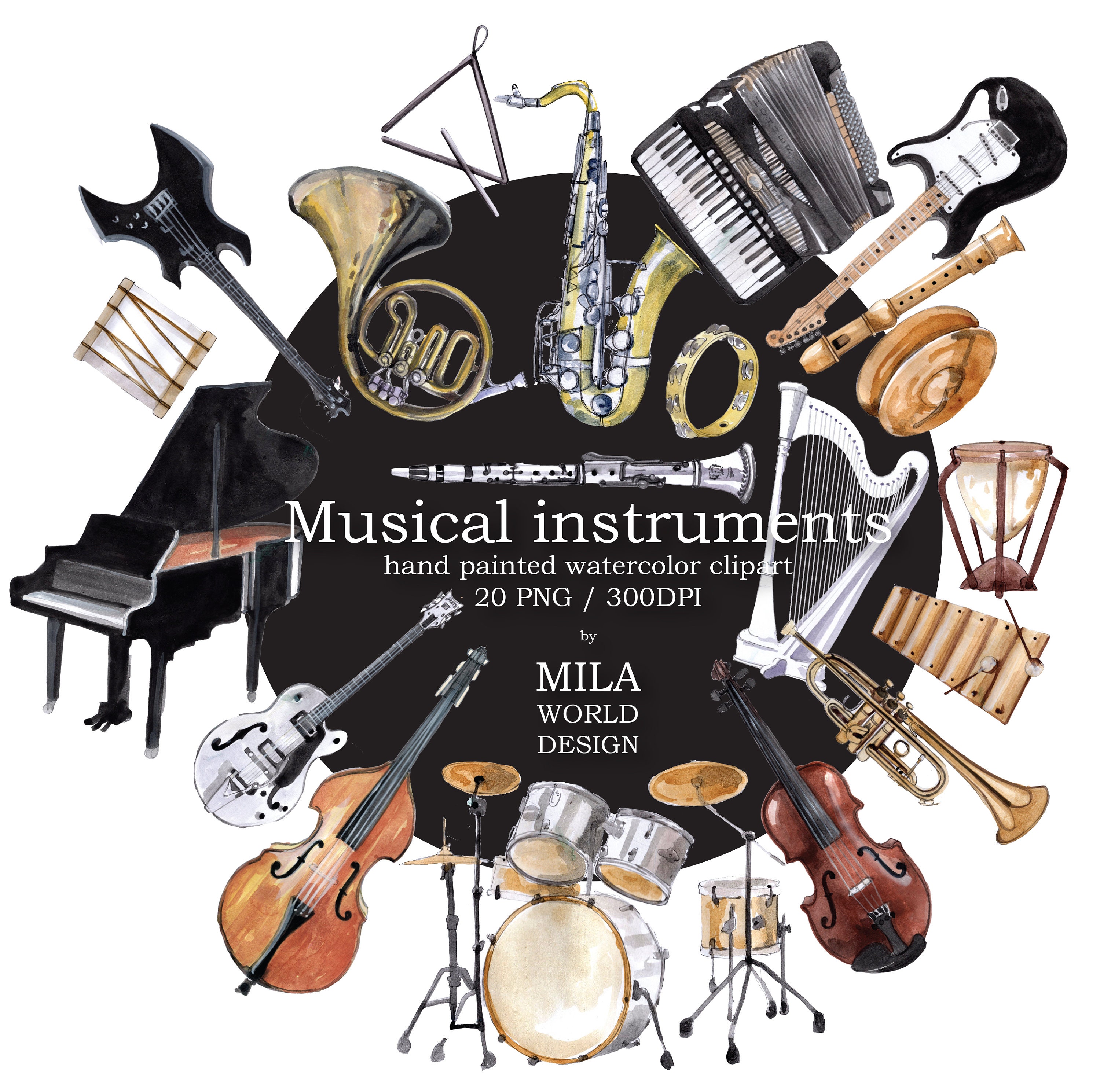 Musical Instruments Watercolor Clip Art Hand painted | Etsy