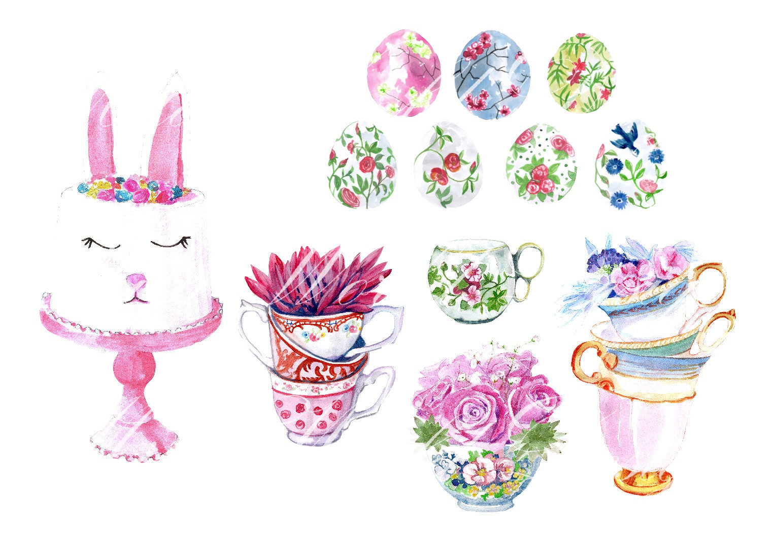 Happy Easter Watercolor Clipart, Hand Painted Easter Eggs and Cup of ...