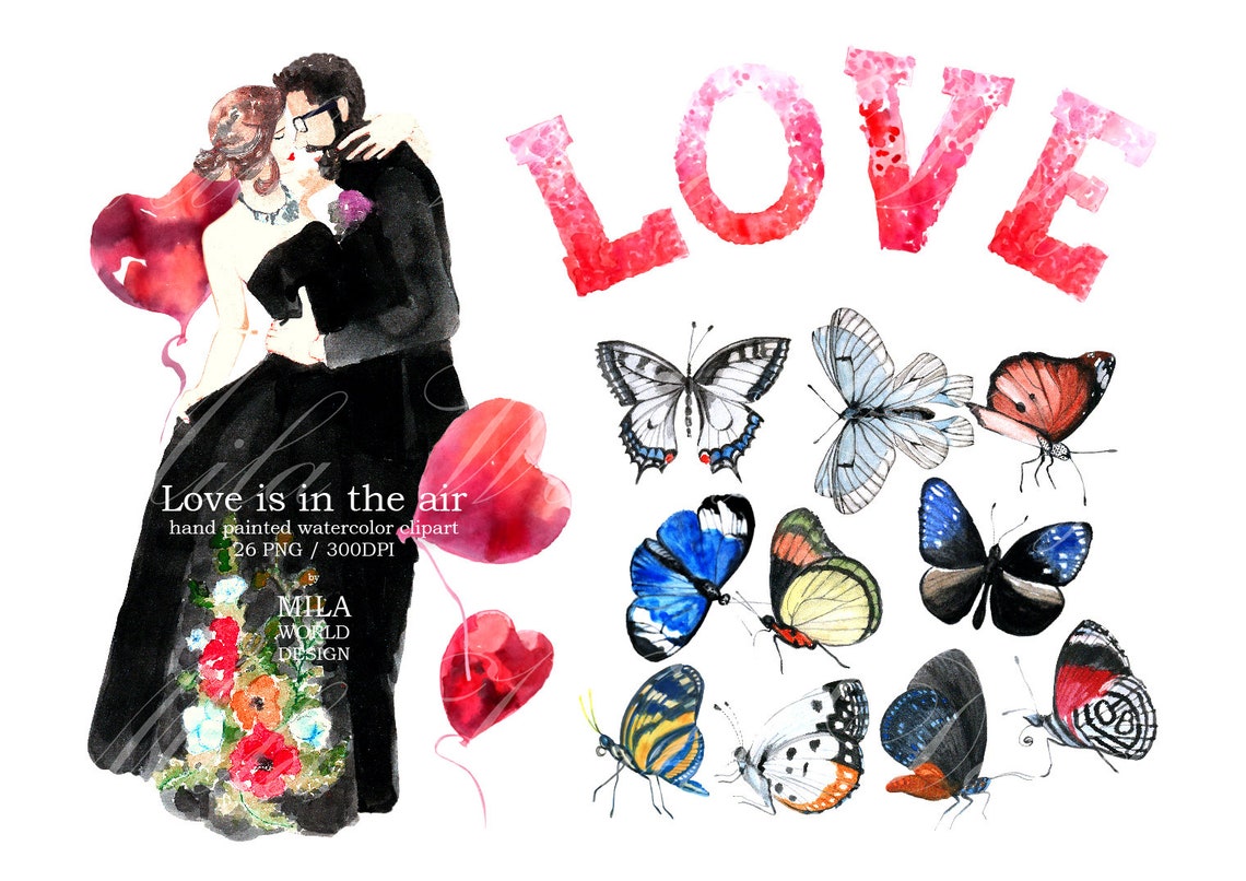 Love is in the Air Watercolor Clip Art Engagement Clipart | Etsy