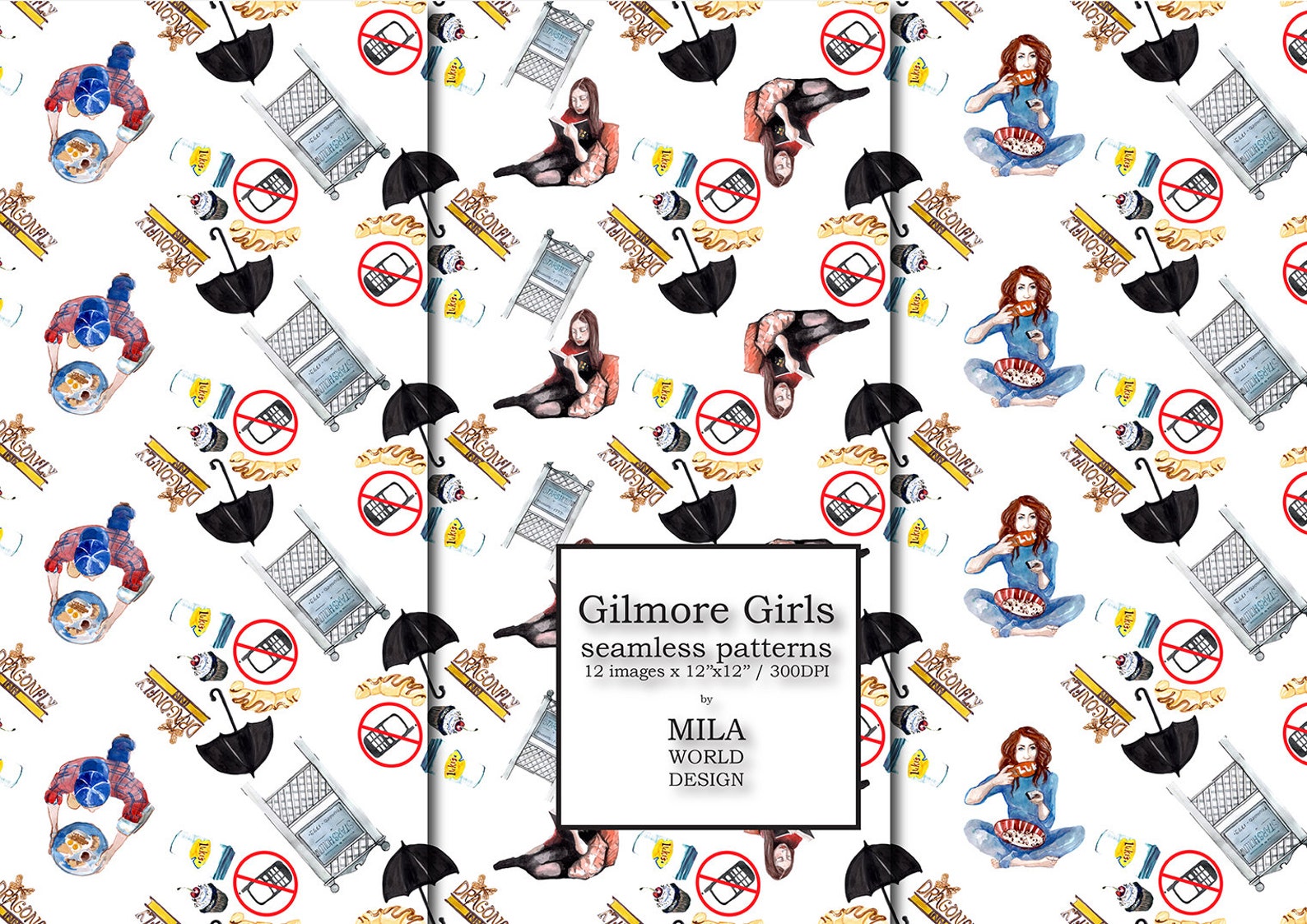 Gilmore Girls Watercolor Digital Paper, Stars Hollow Seamless Pattern ...