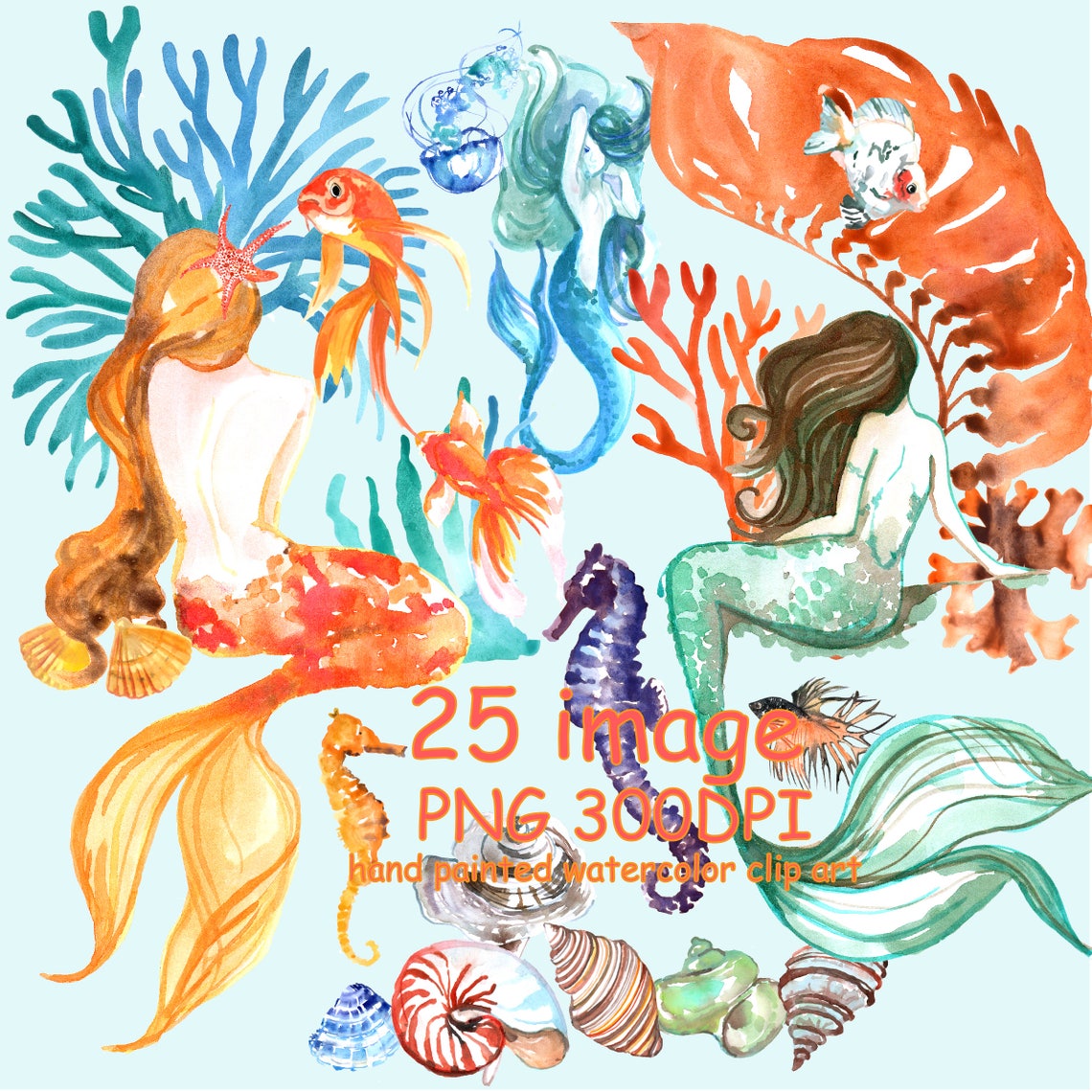 Watercolor Clip Art Mermaids, Sea Clipart, Hand Painted Clipart ...